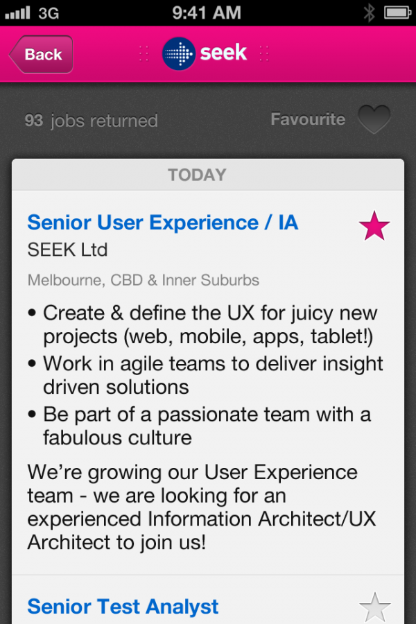 SEEK Jobs app for iPhone - Finalist - 2012 Mobile Awards
