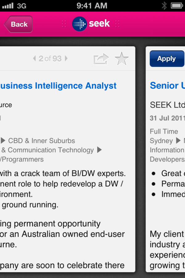 SEEK Jobs app for iPhone - Finalist - 2012 Mobile Awards